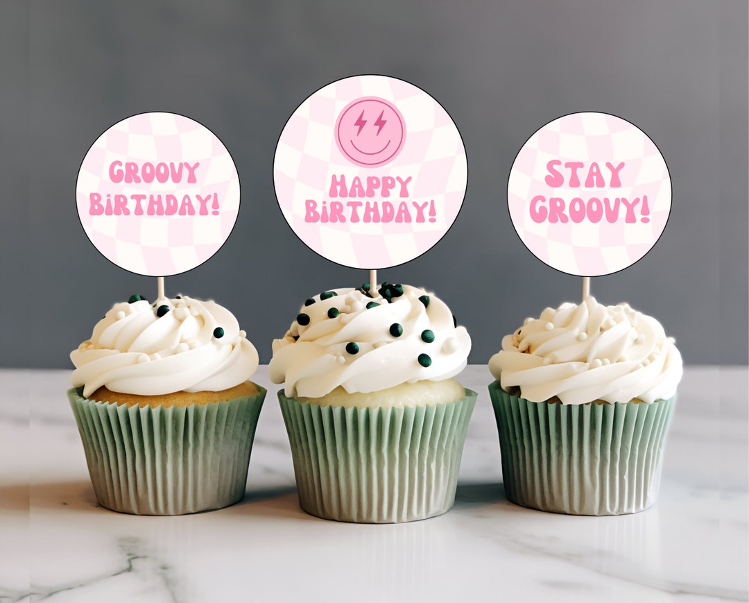 Printable Smiley Birthday Cupcake Toppers, Pink Smiley Party Birthday ...