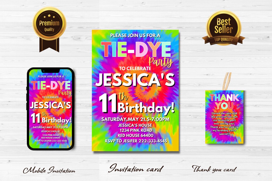 Editable Tie Dye Birthday Invitation, Printable Rainbow Tie Dye ...