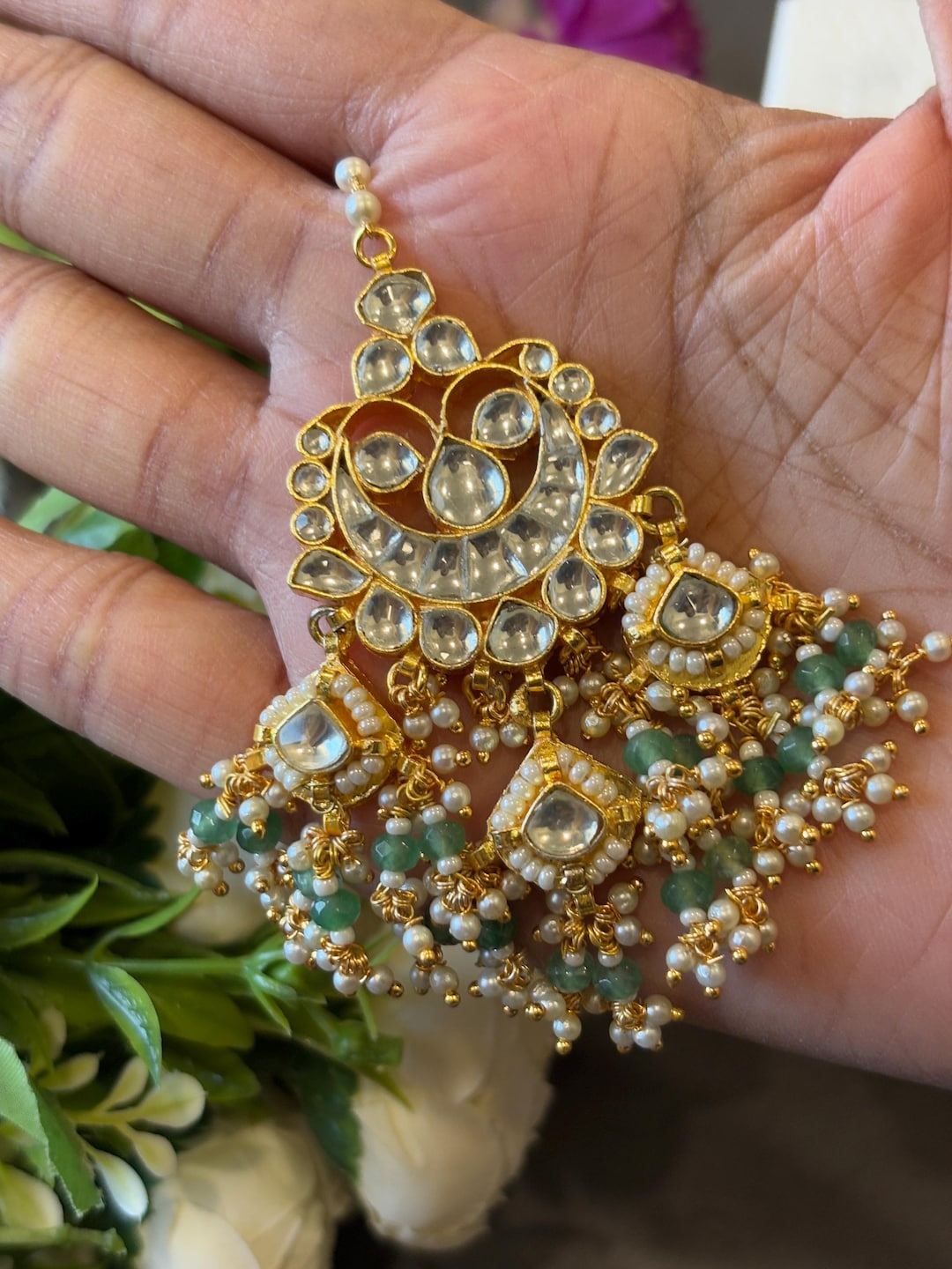 Sabyasachi Inspired Green Maang Tikka Bridal Maang Tikka Polki Tikka ...