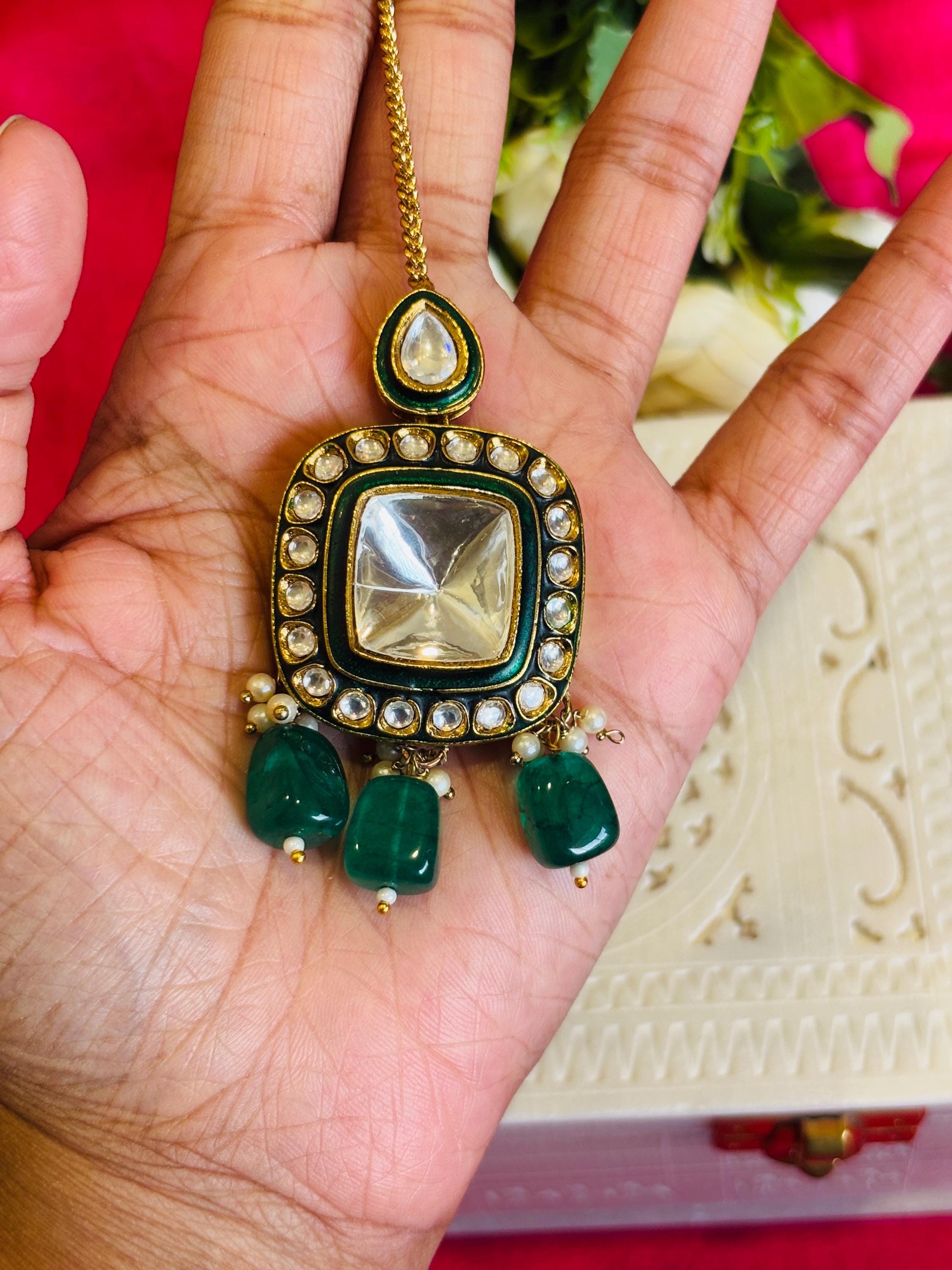 Sabyasachi Inspired Green Maang Tikka Bridal Maang Tikka Polki Tikka ...