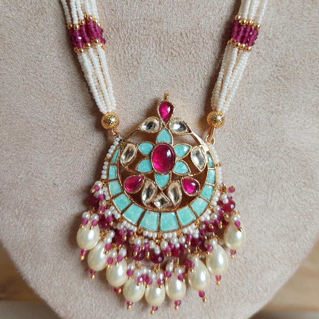 Turquoise Pink Haram Set Long Necklace Set Rani Haar Gold Plated Indian ...