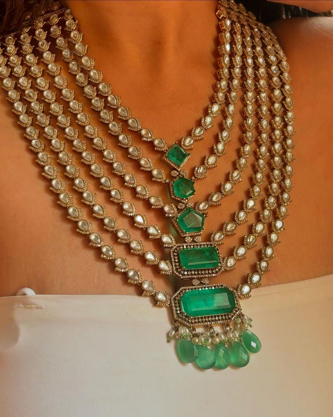 6 Layered Rani Haar Emerald Green Bridal Haar Long Necklace Set Indian ...