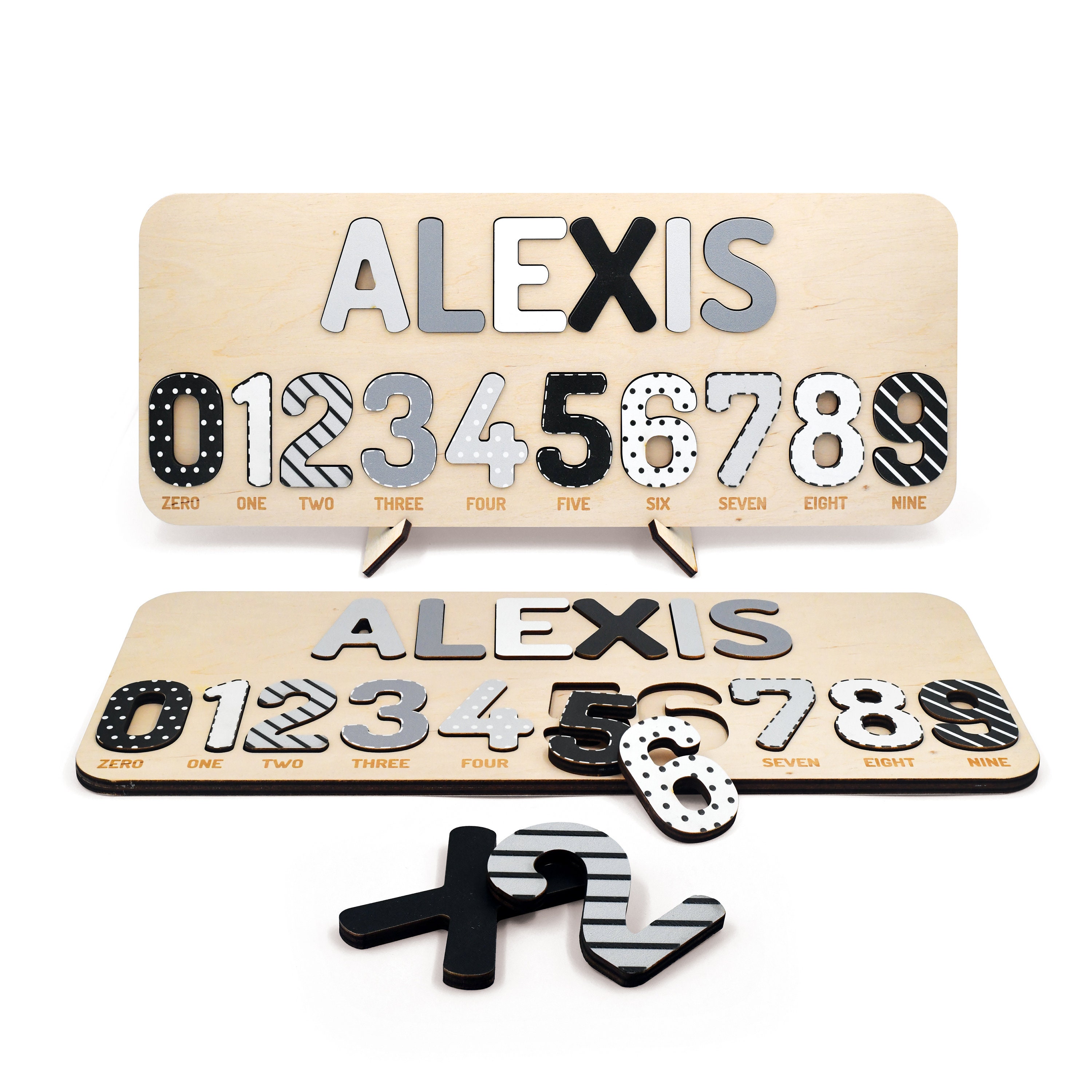 Wooden Baby Name Puzzles With Shapes and Numbers, Personalized Puzzle ...