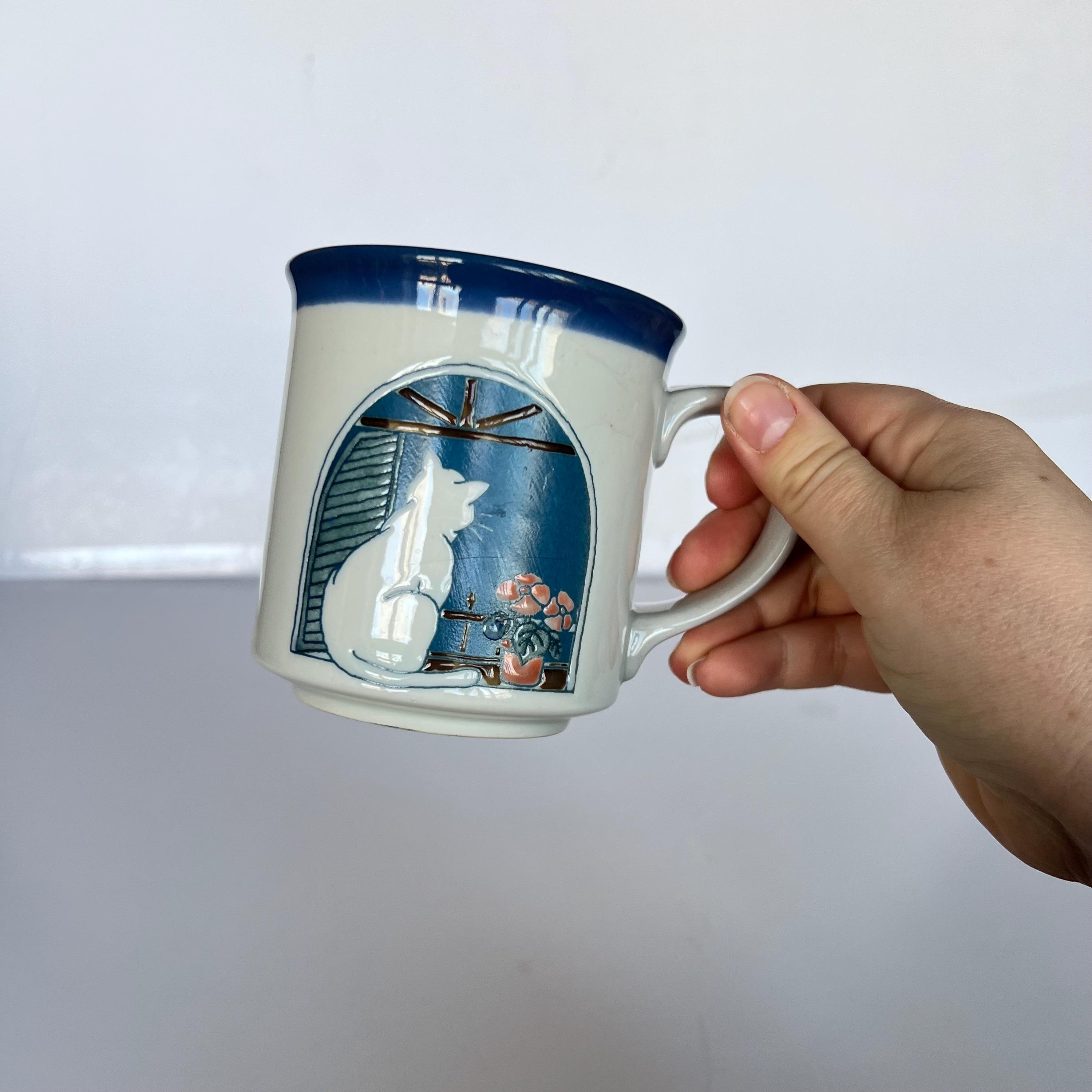Vintage Otagiri Cat Mug - Embossed Blue Rim Stoneware Coffee Tea Cup ...