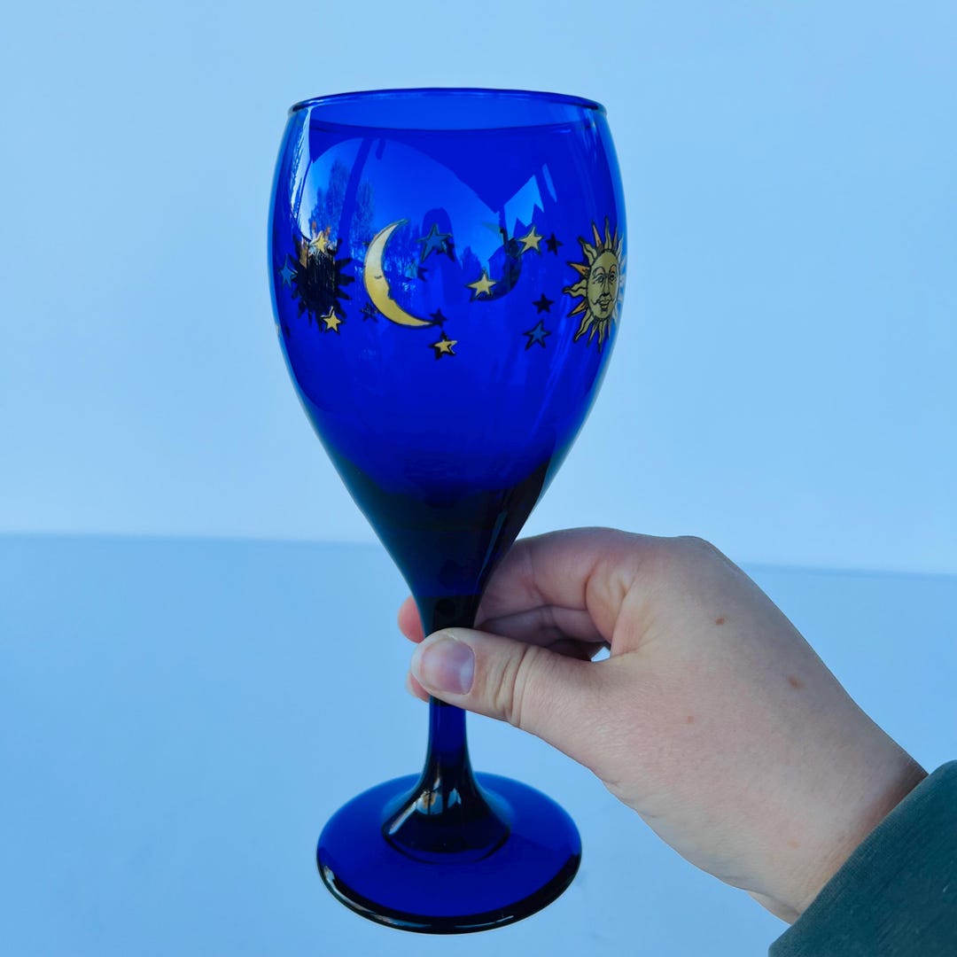 Vintage Rare Libbey Celestial Sun Moon and Stars Cobalt Blue Glass Wine ...