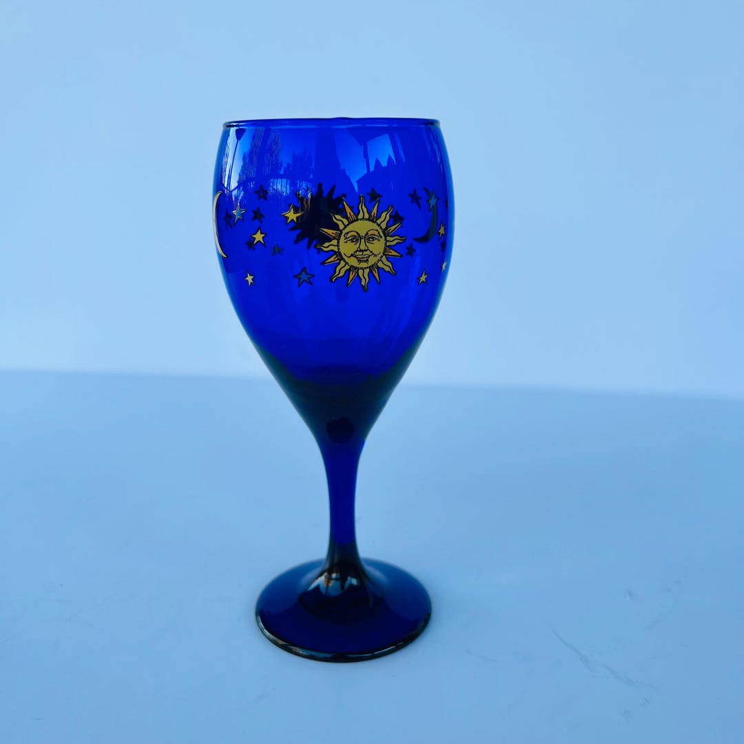 Vintage Rare Libbey Celestial Sun Moon and Stars Cobalt Blue Glass ...