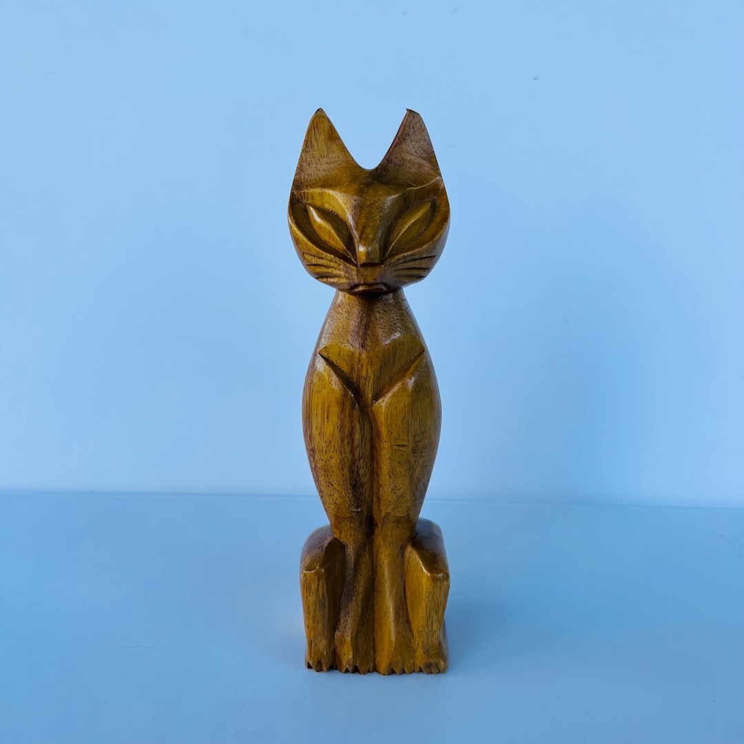 Vintage Teak Wood Siamese Cat Statue, Mid Century Modern Carved ...