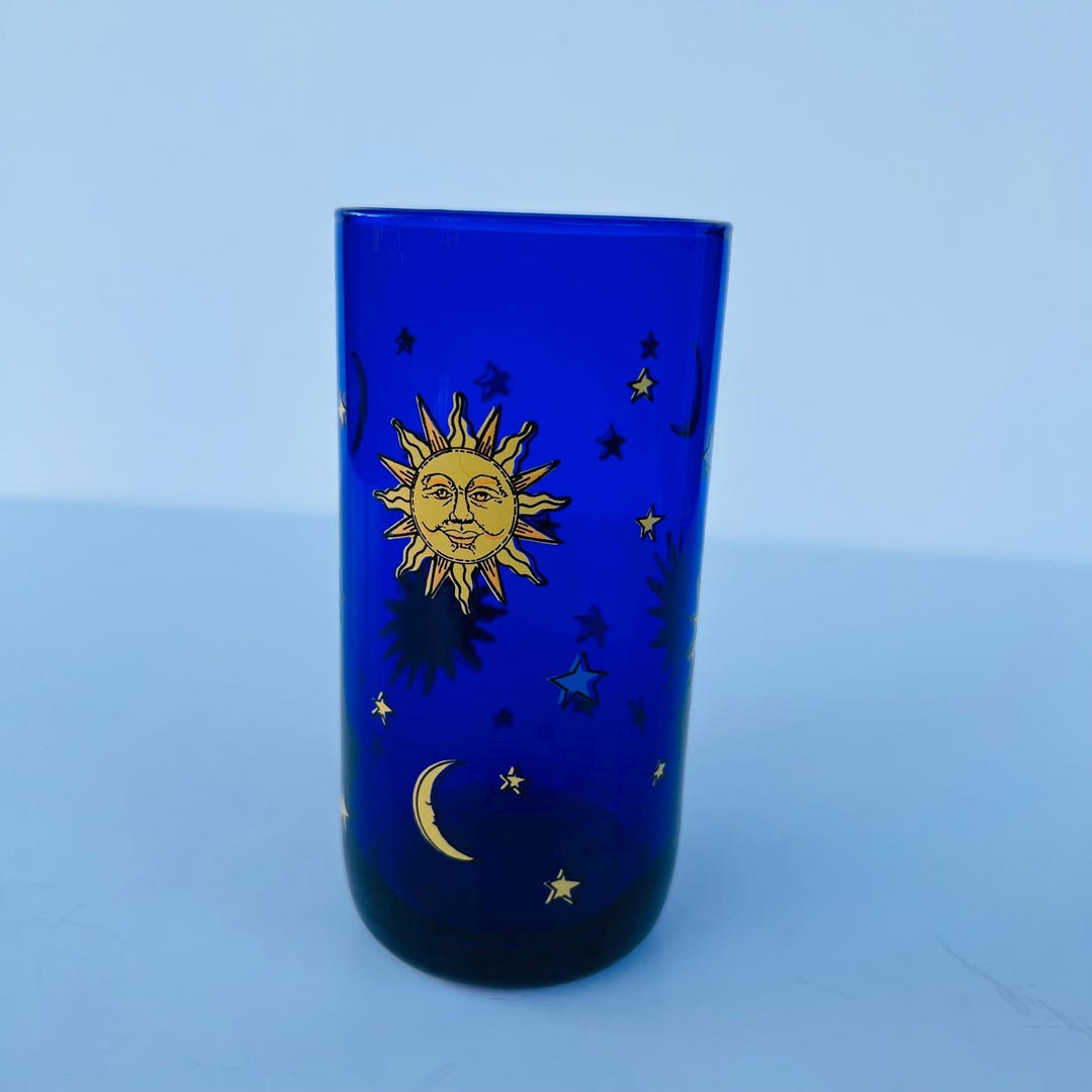 ONE LEFT Vintage Rare Libbey Celestial Sun Moon and Stars Cobalt Blue ...