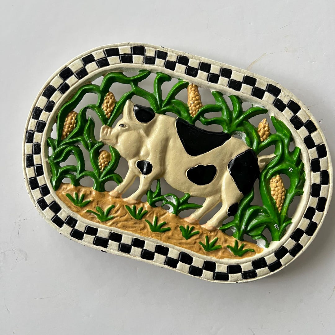 Vintage Cottage Core Cow Print Pig Cast Iron Trivet - Kitchen Decor ...