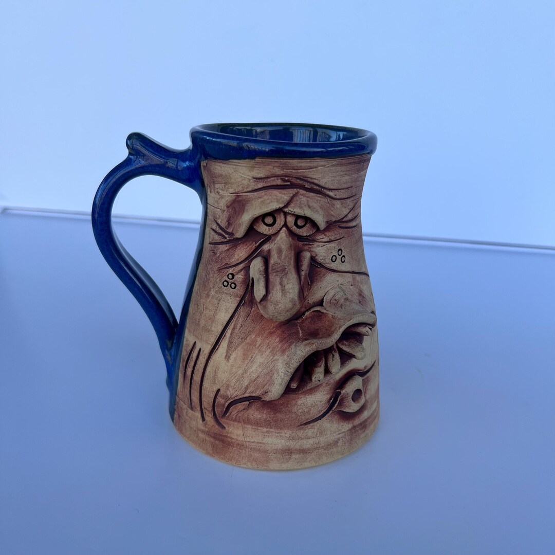 Funny Face Pottery Signed 3D Coffee Glazed Mug - Folk Art Coffee Tea ...