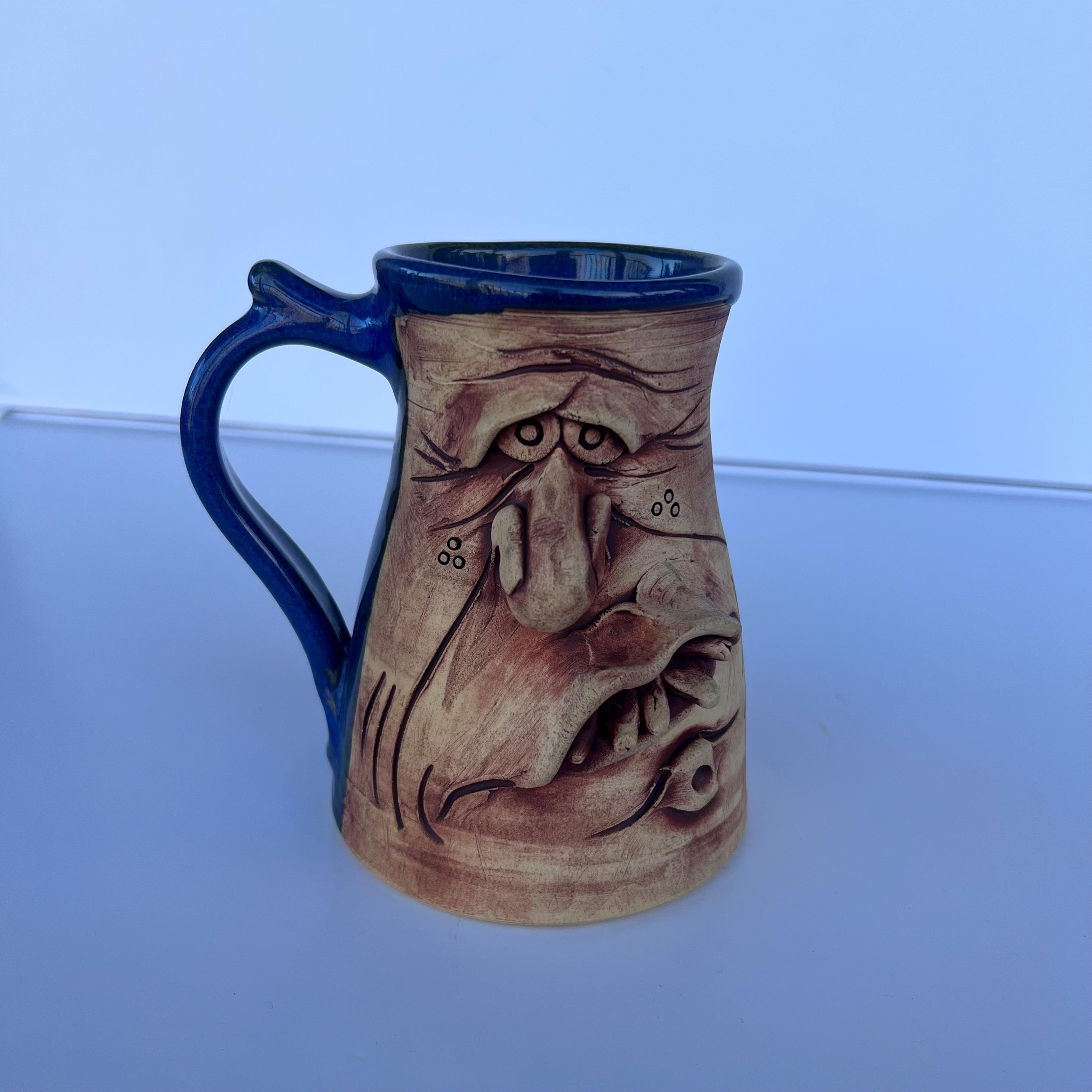 Funny Face Pottery Signed 3D Coffee Glazed Mug Folk Art Coffee Tea Cup ...