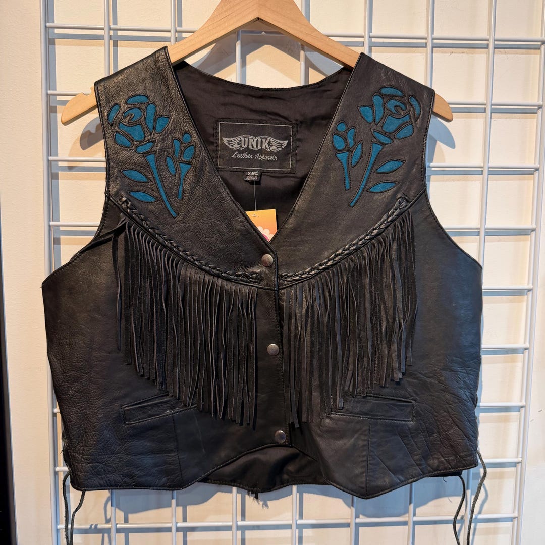 Vintage Unik Leather Fringe Motorcycle Vest - Women's XXL Western ...