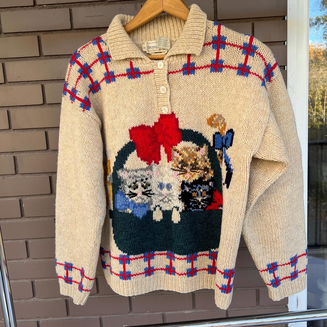 Vintage Eagles Eye Sweater Cat Sleeves Womens Medium Cat Lover Shetland ...