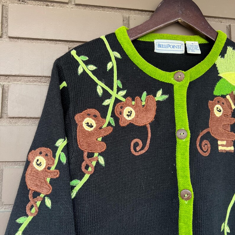 Vintage Bellepointe Embroidered Monkey Sweater/cardigan Knit Black and ...