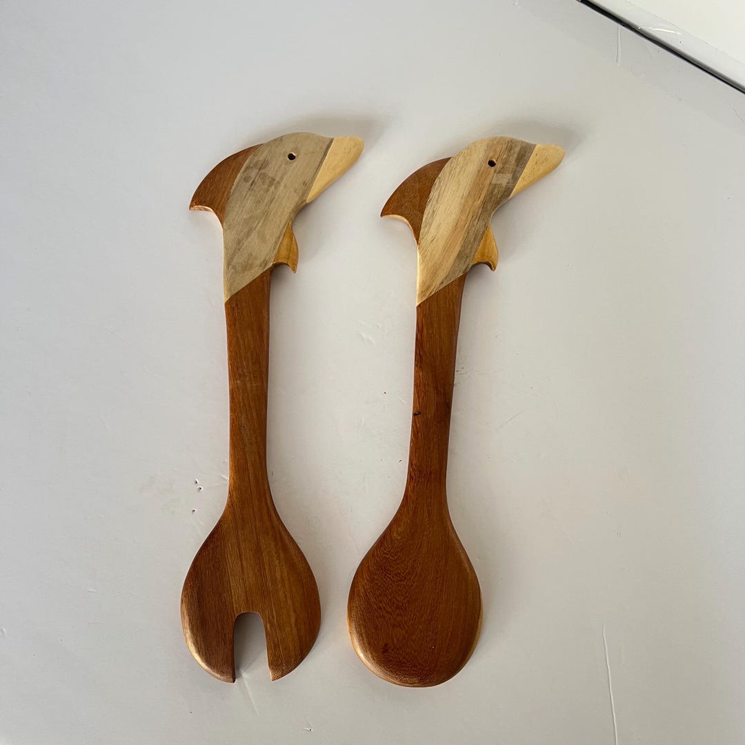 Vintage Wooden Dolphin Salad Serving Utensils - Retro Kitchenware - Etsy