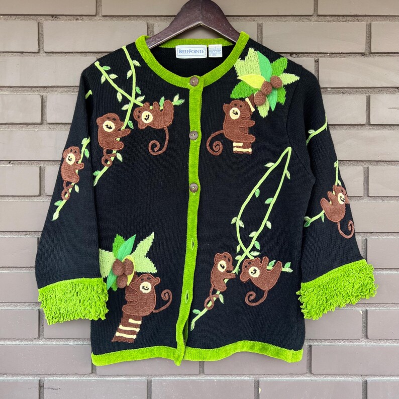 Vintage Bellepointe Embroidered Monkey Sweater/cardigan Knit Black and ...
