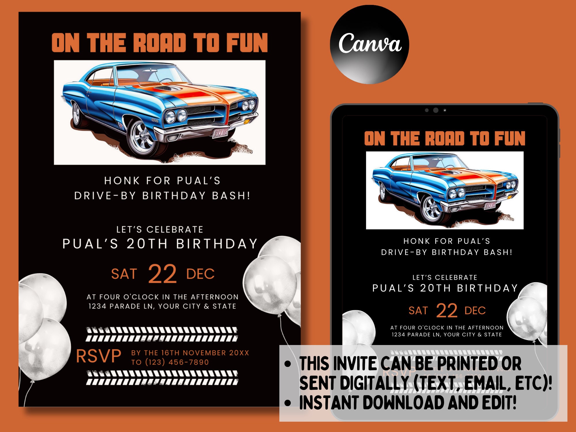 Car Parade Birthday Invitation Muscle Car Birthday Invite Adult Parade ...