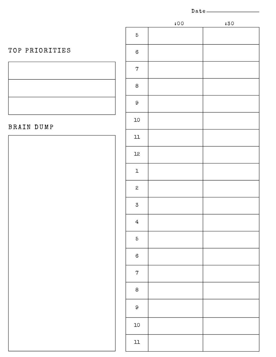 Time Blocking Template To Do List Brain Dump Instant Download
