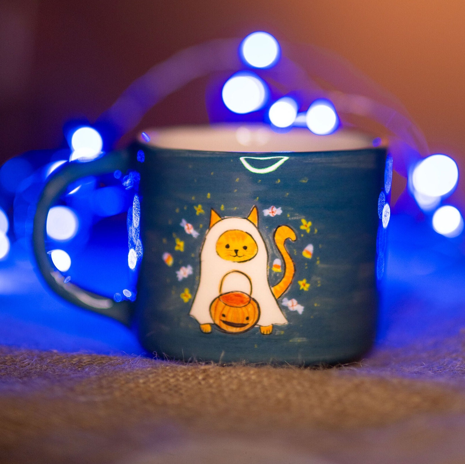Halloween Mug, Cat Mom Mug, Handmade Ceramic Mug Cute Cat Holding ...
