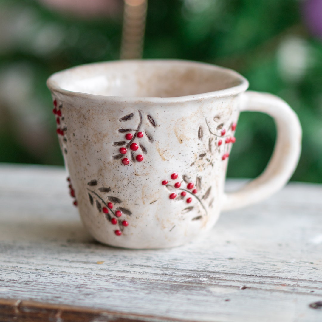 Vintage Christmas Pottery Mug, Handmade Ceramic Coffee Mug, Unique ...