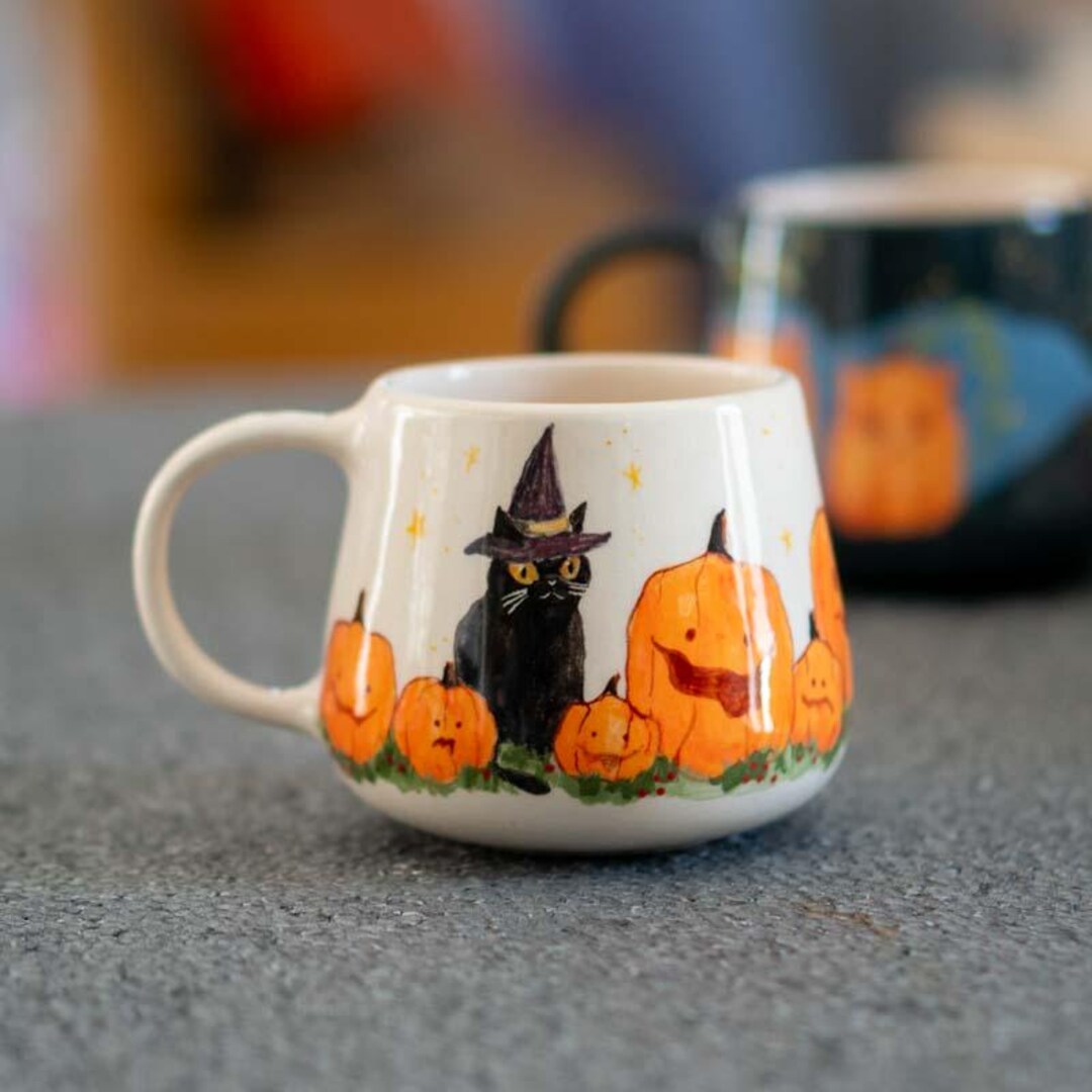 Halloween Cat Mug, Black Cat With Witch Hat and Pumpkins, Spooky Fall ...