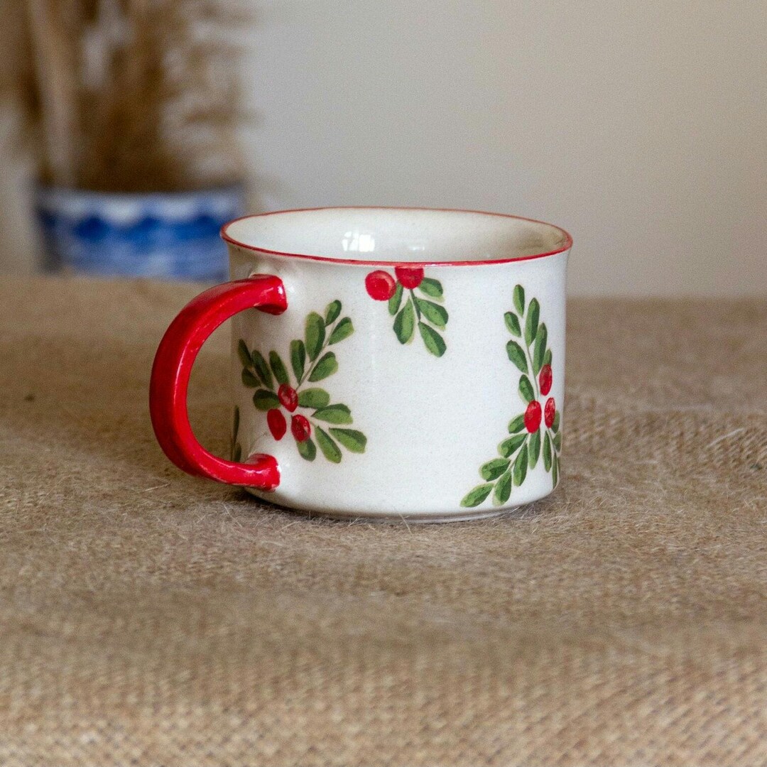 Christmas Mug Holly Flower Decorated, Cute Mug Pottery, New Year Decor ...