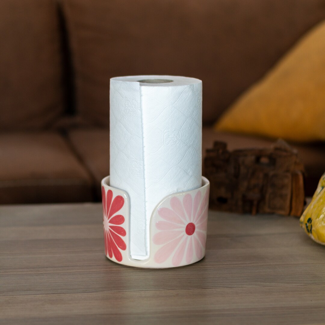 Pink Daisy Paper Towel Holder - Floral Kitchen Decor, Ceramic Towel ...