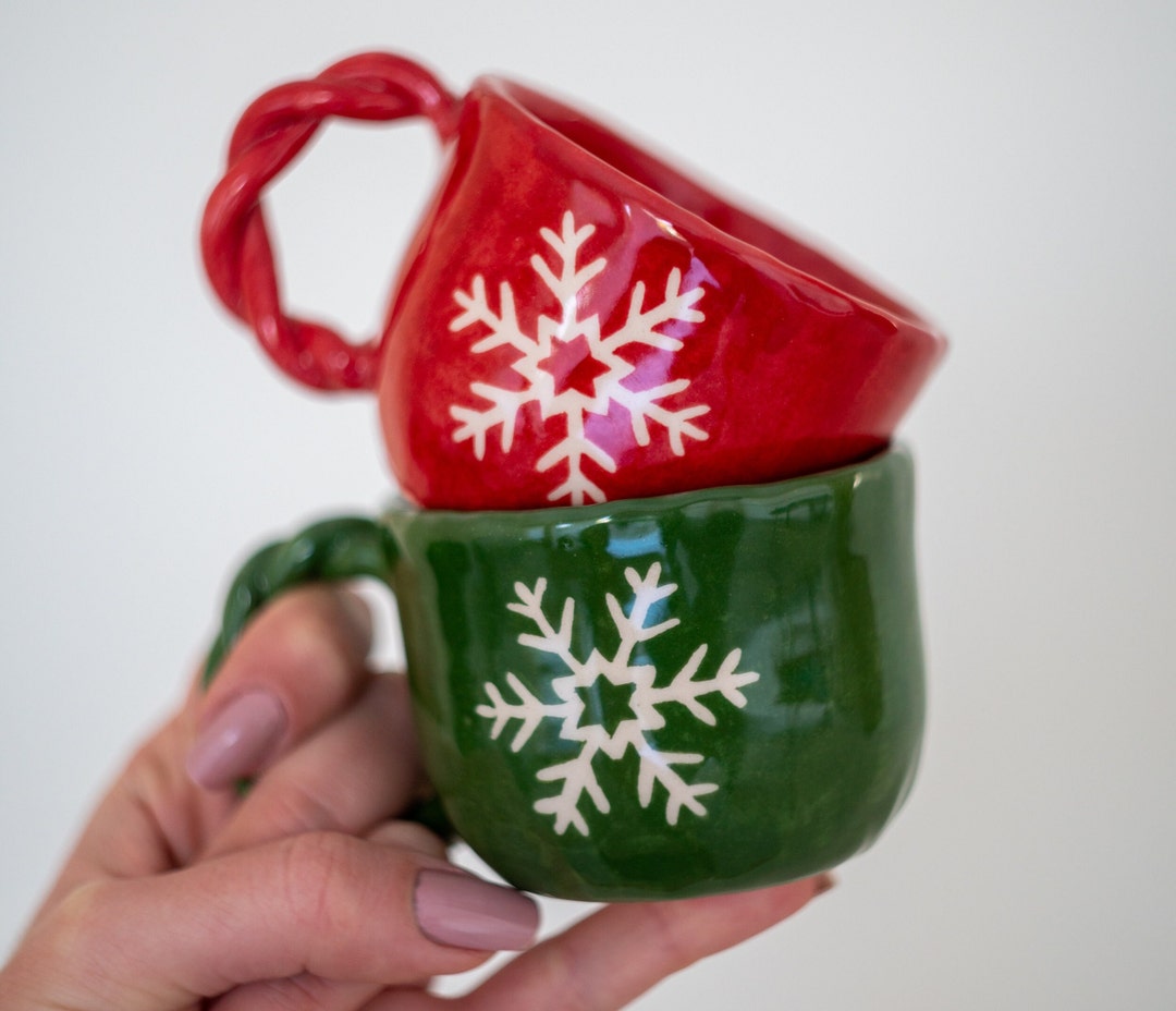 Christmas Gift Pottery Coffee Mug Tea Cup, Snowflake Decorated Mug Set ...