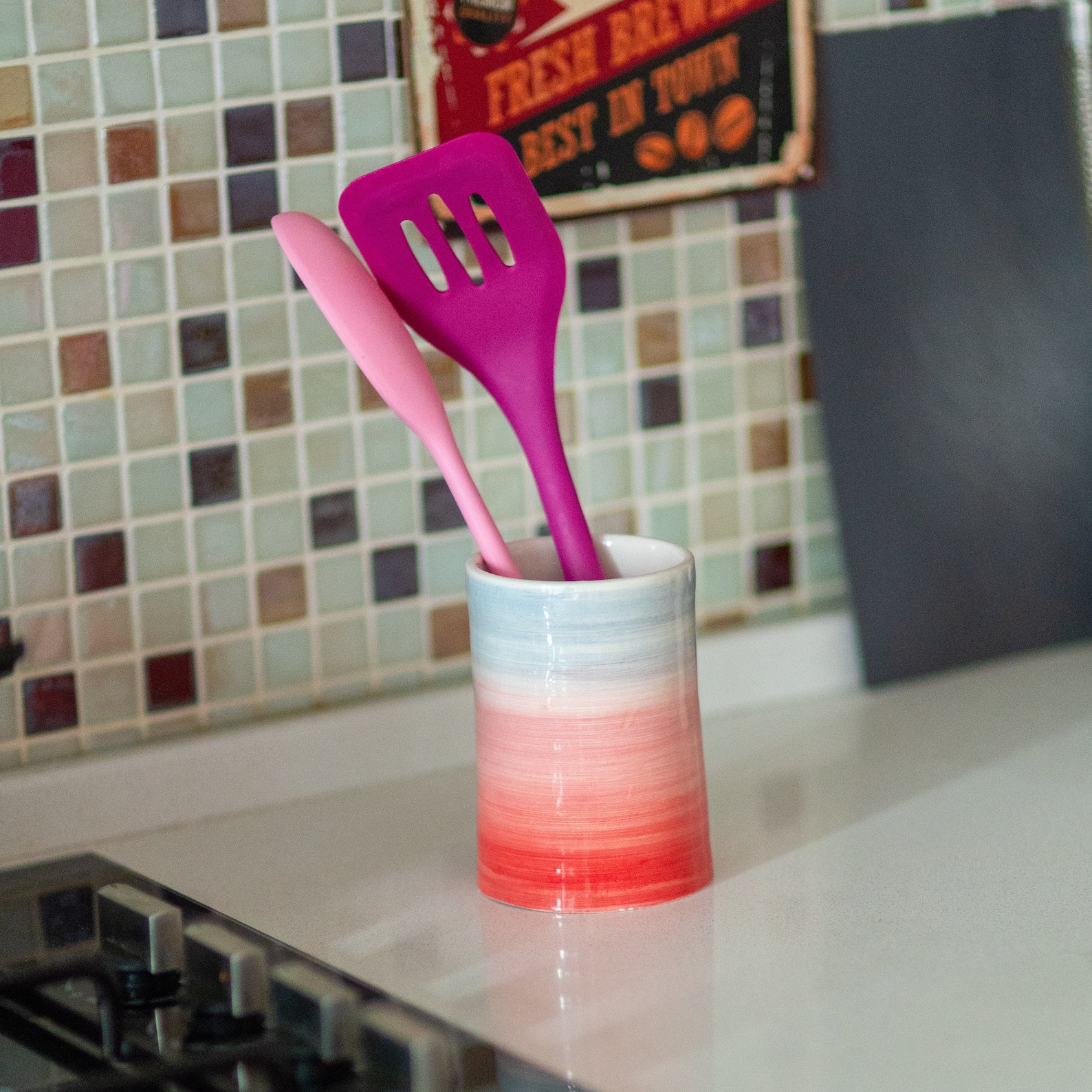 Utensil Holder, Colorful Kitchen Decor, Rainbow Ceramic Pottery, Pink ...