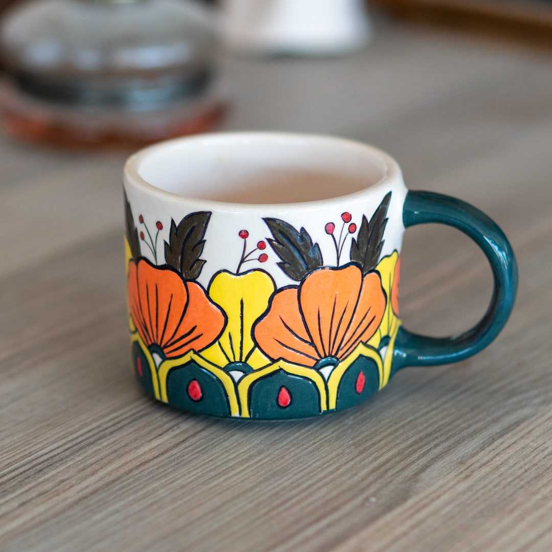 Pottery Mug - Floral Mug, 12oz Ceramic Coffee Mug, Handmade Pottery ...