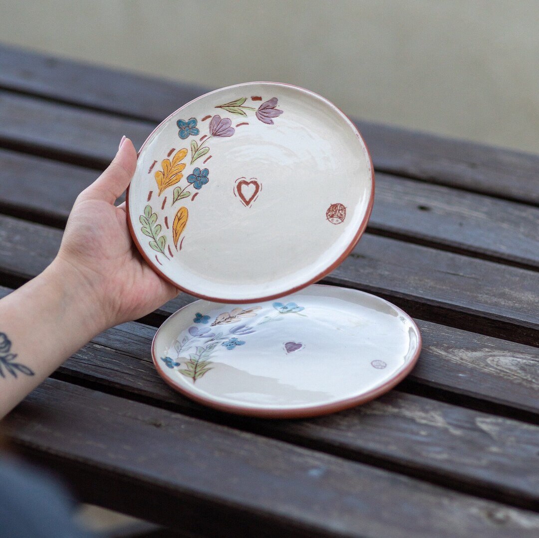 Ceramic Plate Set, Hand Carved Plate, Handmade Dinnerware Sets, Floral ...