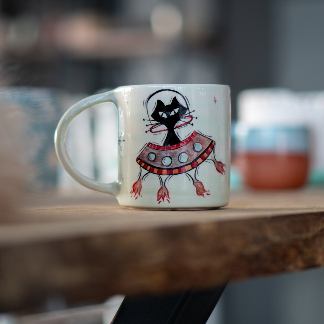 Handmade Atomic Cat Mug - Black Cat Mug, Handmade Ceramic Mug, Pottery ...