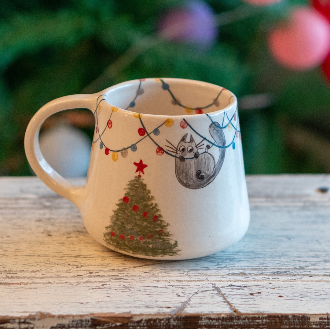Cat Mug Handmade Christmas Coffee Mug, Cat Mom Mug, Christmas Tree ...