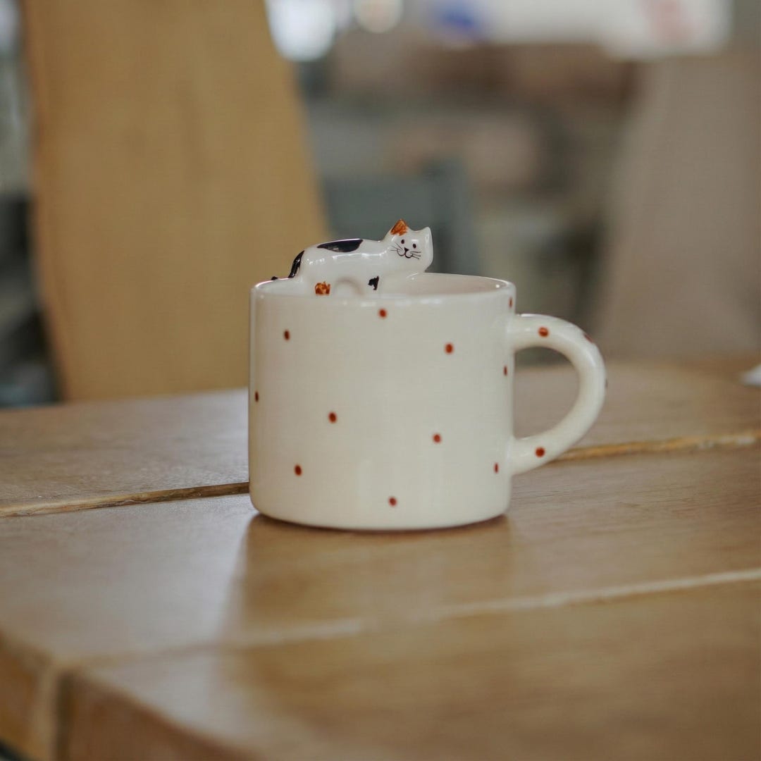 Handmade Ceramic Cat Mug Cute Calico Cat – Polka Dot Pottery Cup, Cute ...