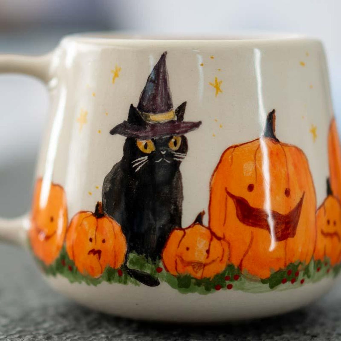 Halloween Cat Mug, Black Cat With Witch Hat and Pumpkins, Spooky Fall ...