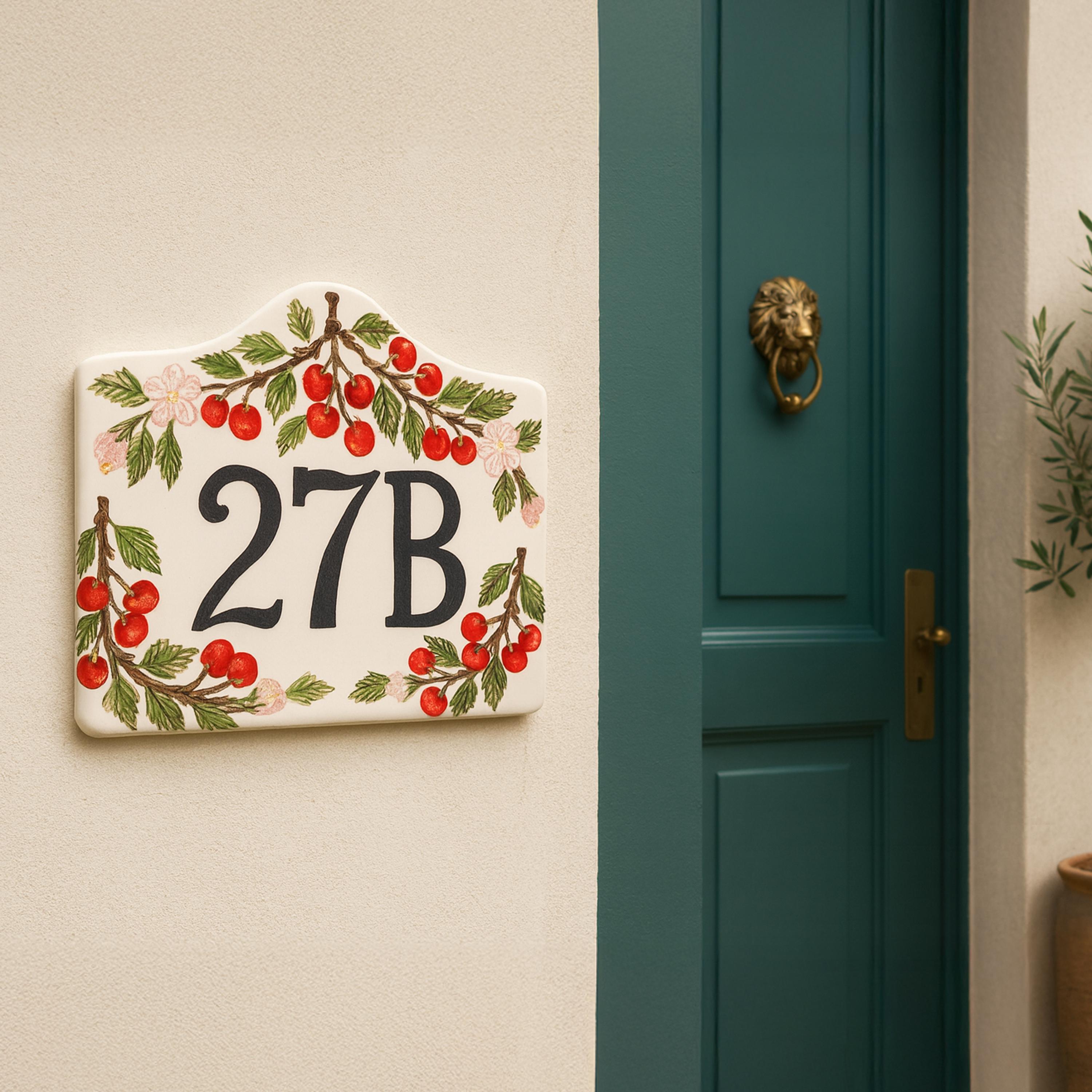 Hand-painted Cherry House Number Sign: Custom Ceramic Address Plaque - Etsy