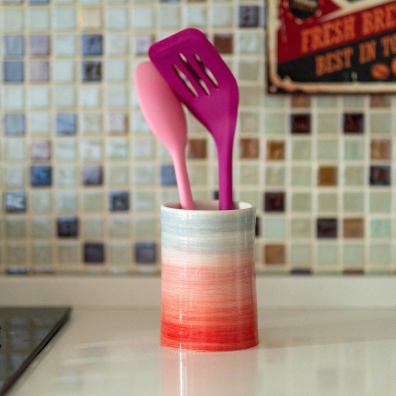 Utensil Holder, Colorful Kitchen Decor, Rainbow Ceramic Pottery, Pink ...