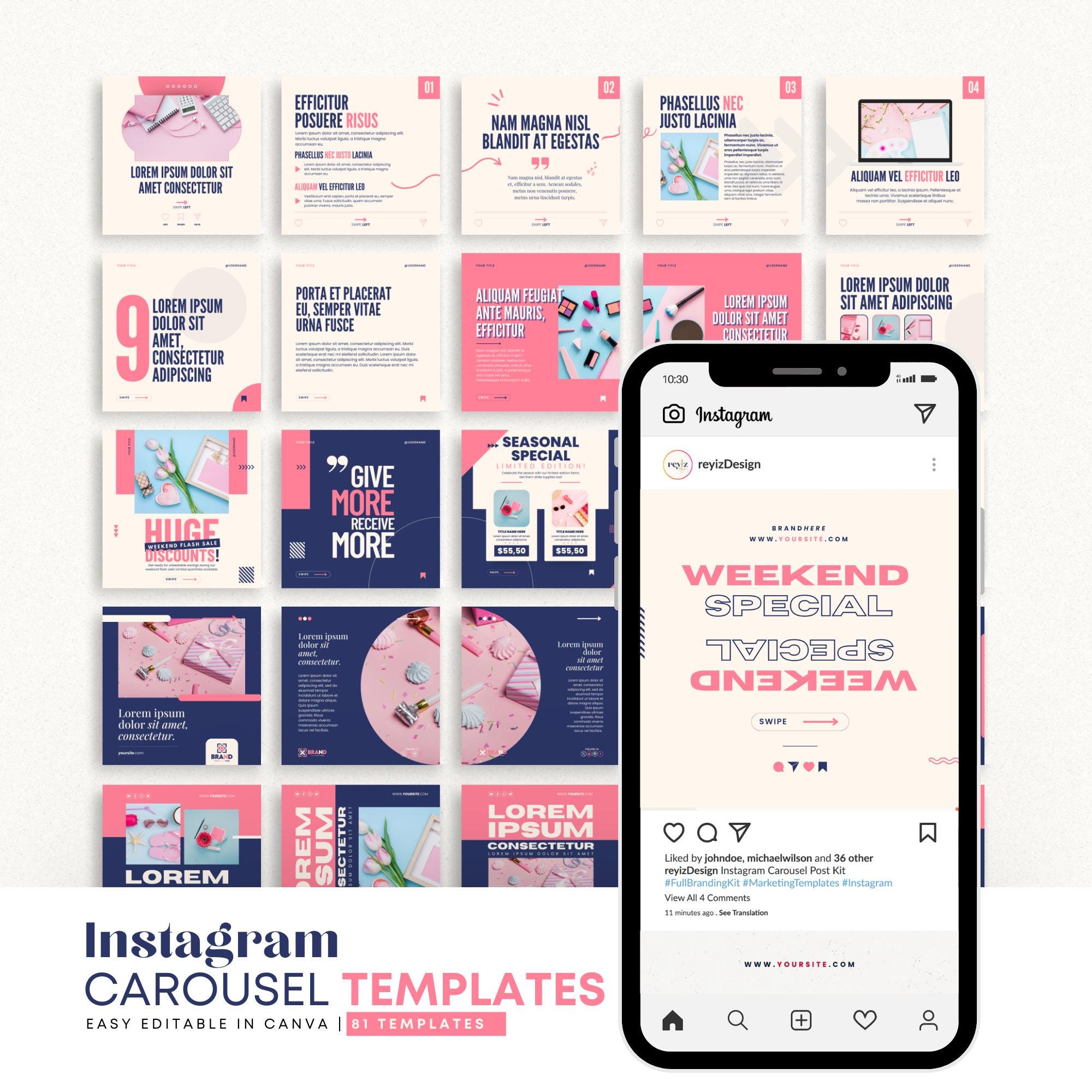 Instagram Carousel Templates: 81 Slide Posts, Canva Editable (digital ...