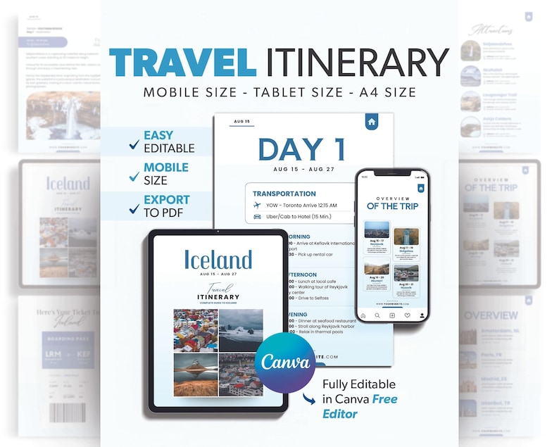 Iceland Travel Itinerary Templates: Mobile, Tablet, Printable Canva ...