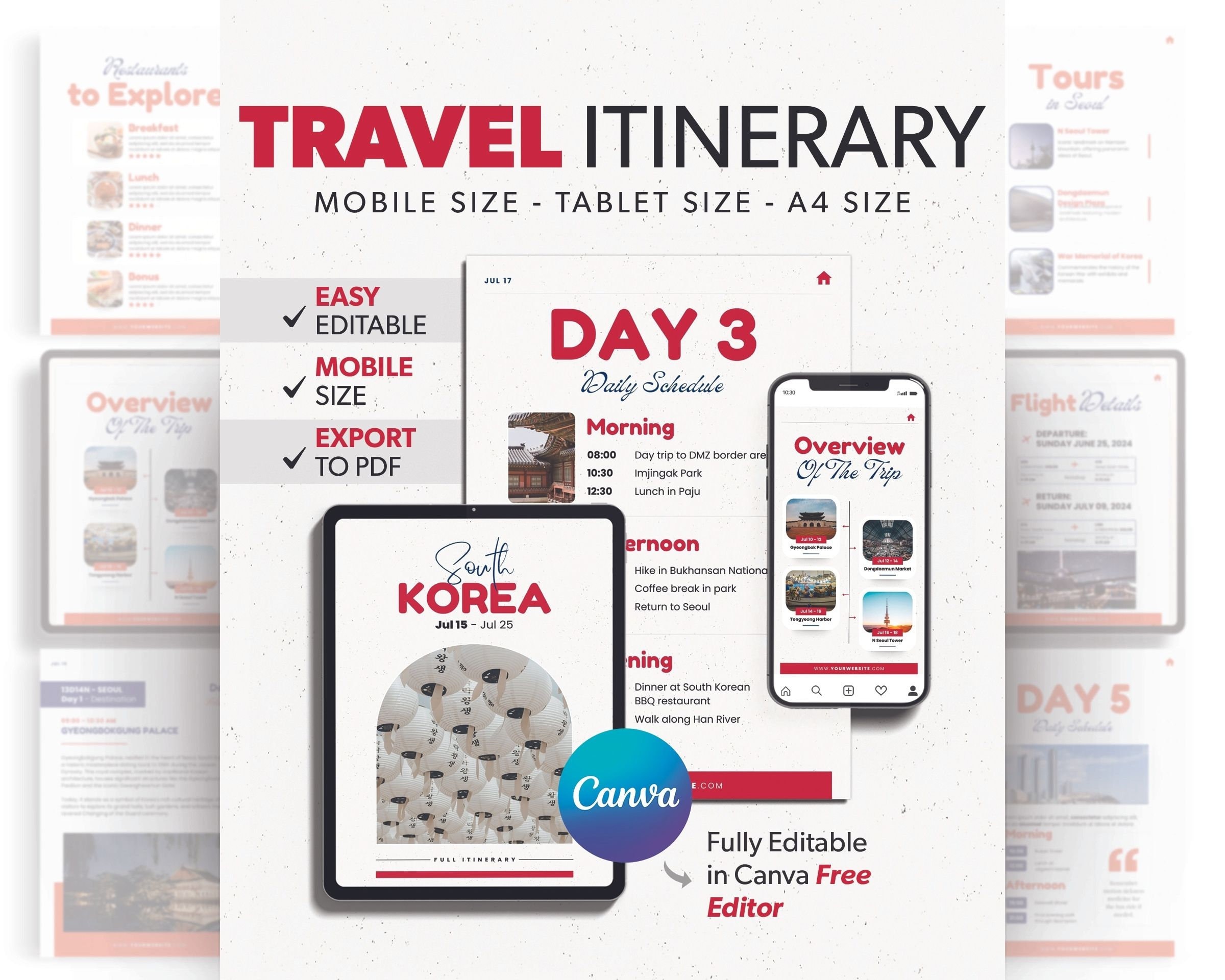 Travel Itinerary Template, South Korea Digital Travel Template, Trip ...