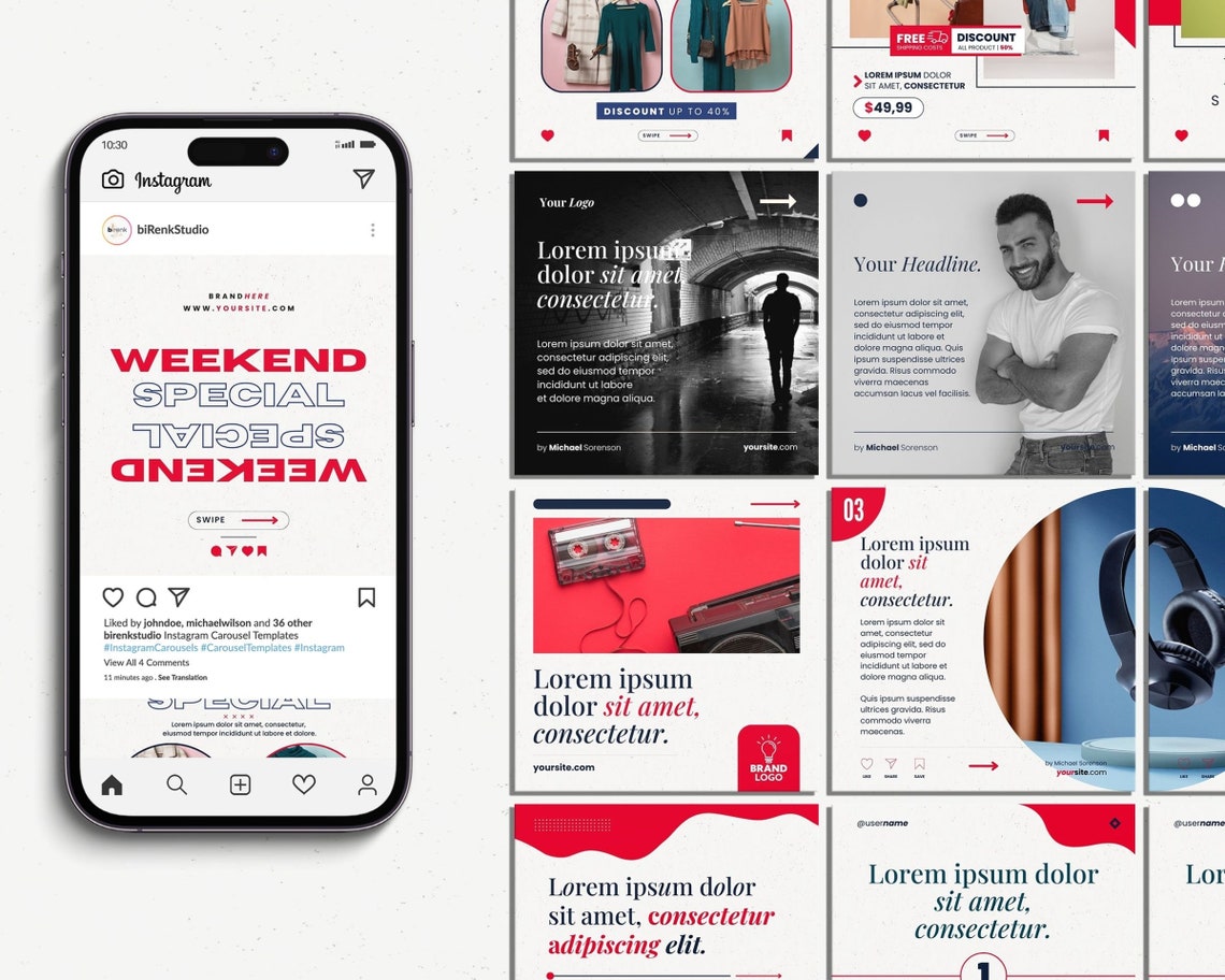 Instagram Carousel Templates: Red & Blue Slide Posts (canva) - Etsy