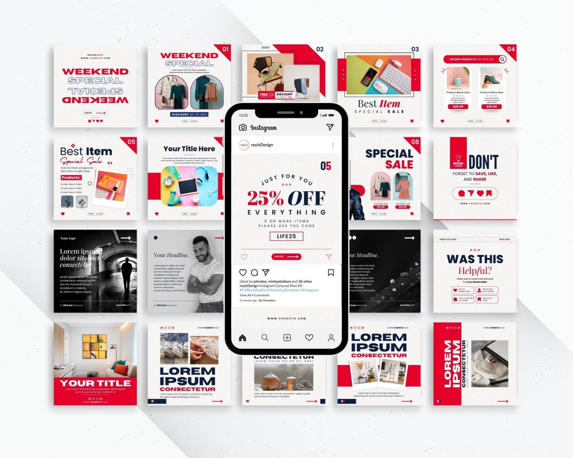 Instagram Carousel Templates: Red & Blue Slide Posts (canva) - Etsy