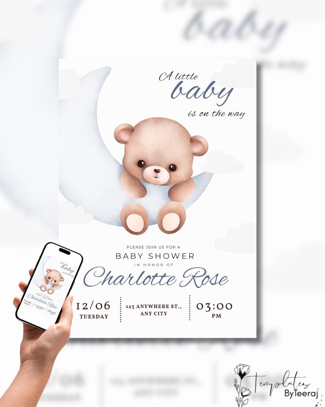 Teddy Bear Baby Shower Invitation: Editable Canva Template (digital ...