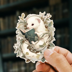 Charming Book-loving Weasel Sticker - Cute White Weasel Reading Decal ...