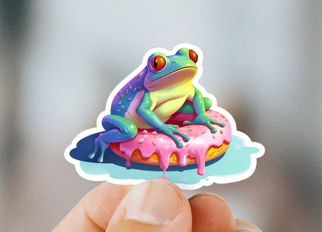 Adorable Tiny Frog Sticker | Vibrant Pink Donut Sticker for Laptops and ...