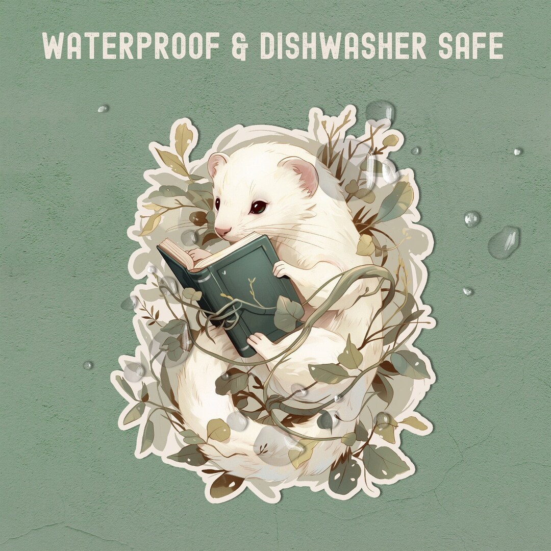 Charming Book-loving Weasel Sticker - Cute White Weasel Reading Decal ...