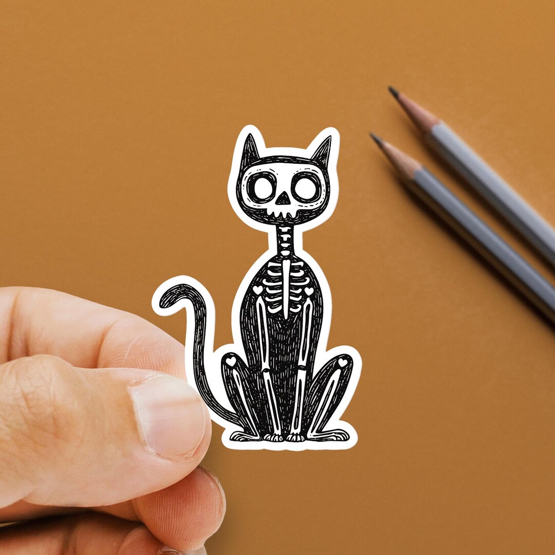 Skeleton Cat Sticker – Cute Spooky Halloween Decal, Black Cat Skeleton ...