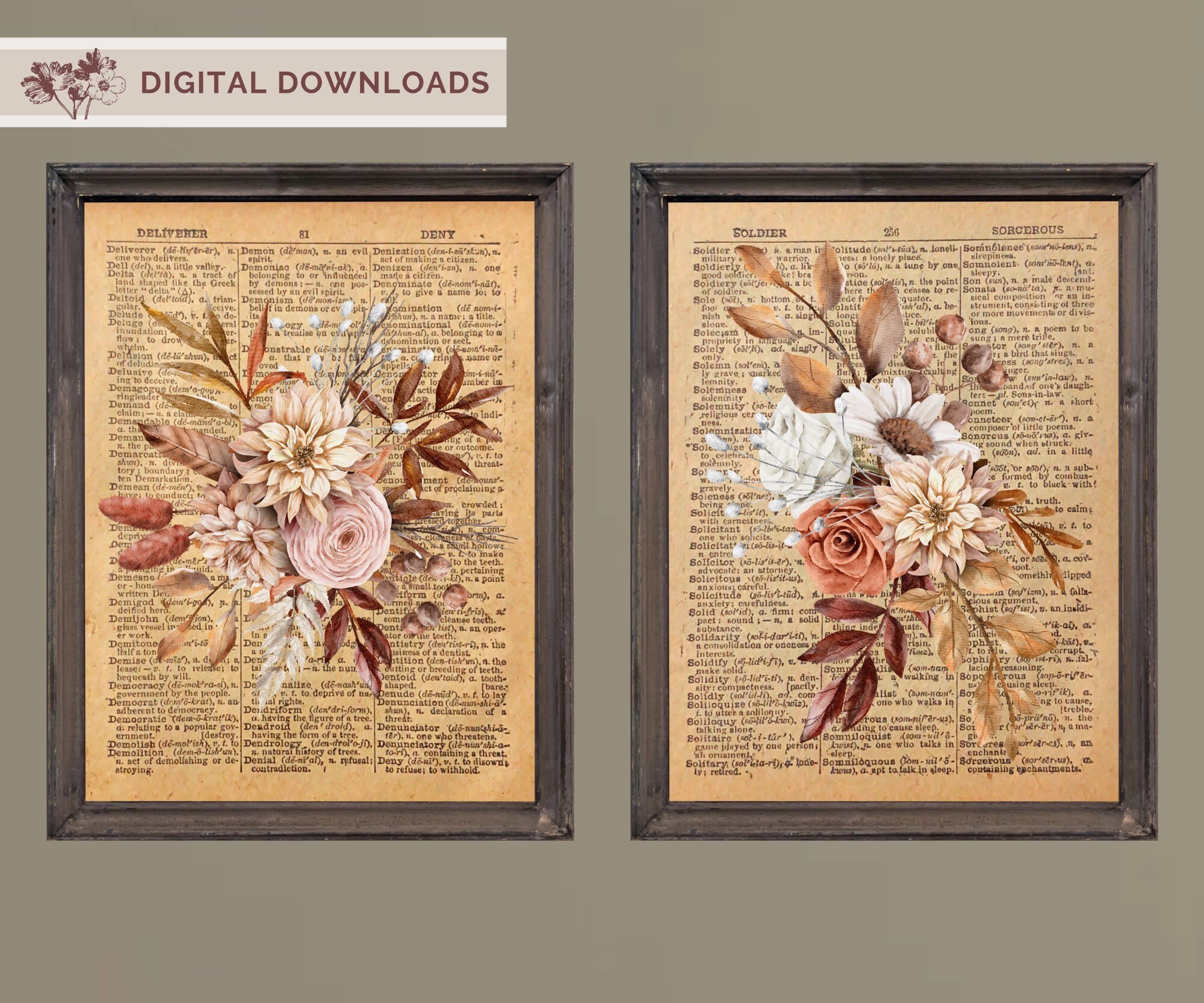 Vintage Fall Flowers & Leaves Decor Set of 6, Instant Digital Download ...