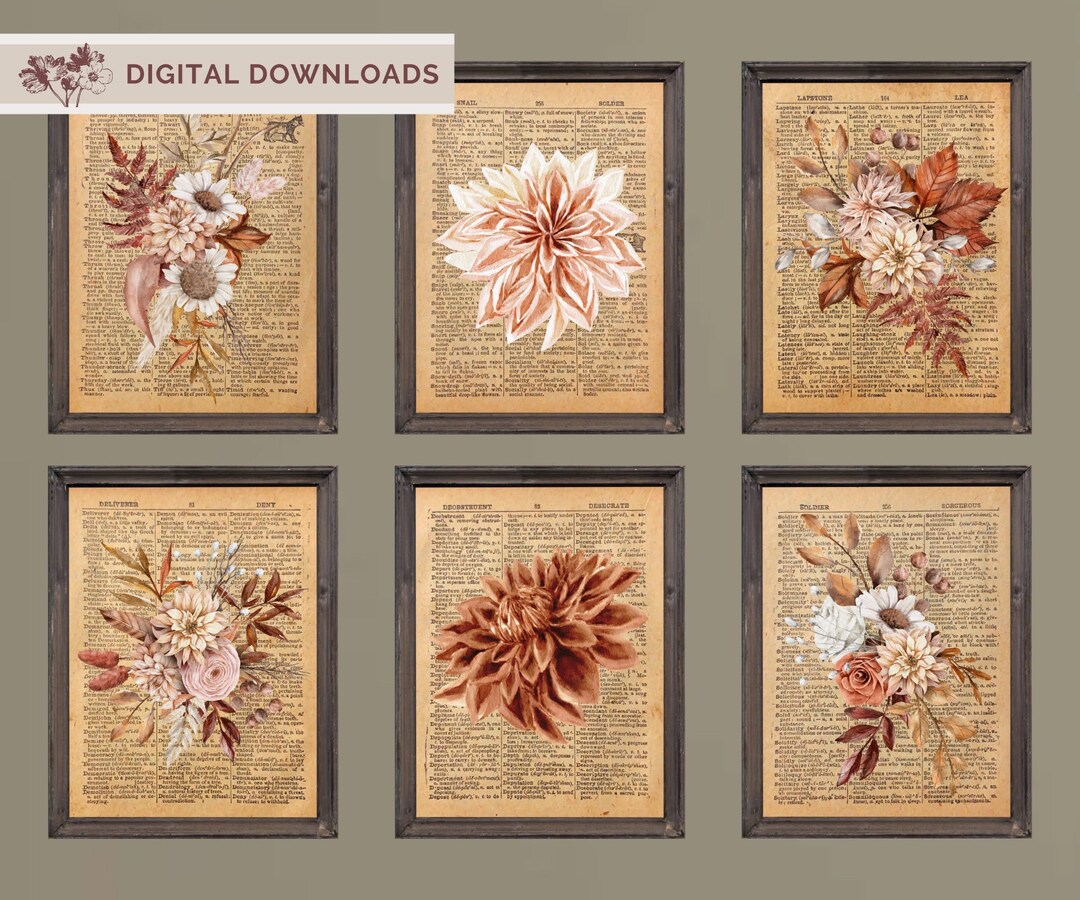Vintage Fall Flowers & Leaves Decor Set of 6, Instant Digital Download ...