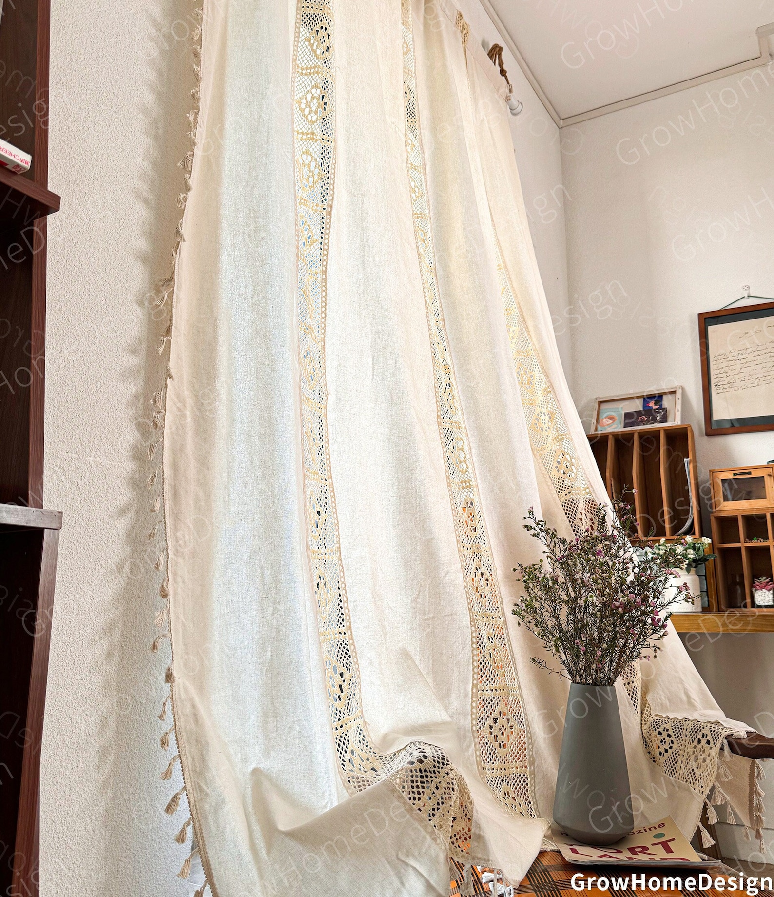 Cortinas de crochet beige bohemias, estilo rústico, semiopacas, tamaños ...
